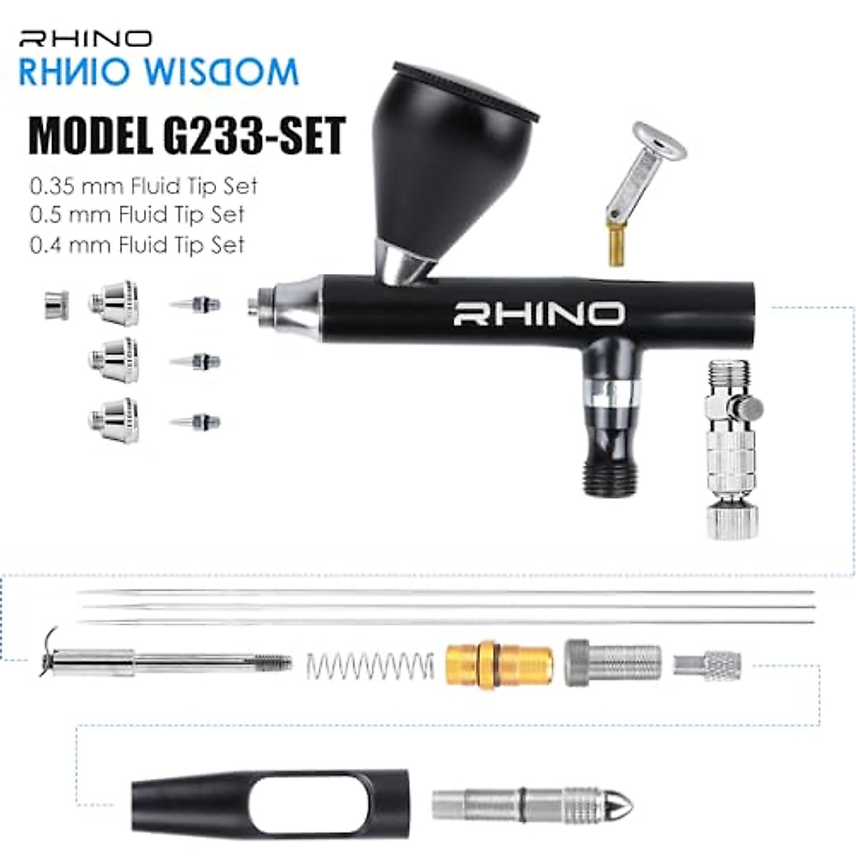 Rhinowisdom Airbrush Kit - Airbrush Gun Set Dual-Action Gravity Feed with 0.35, 0.4 & 0.5mm Needle Sets - Air Brush Set with 2 1/3 oz Replacement Cups for Nails Model Painting Cake Tattoo Makeup