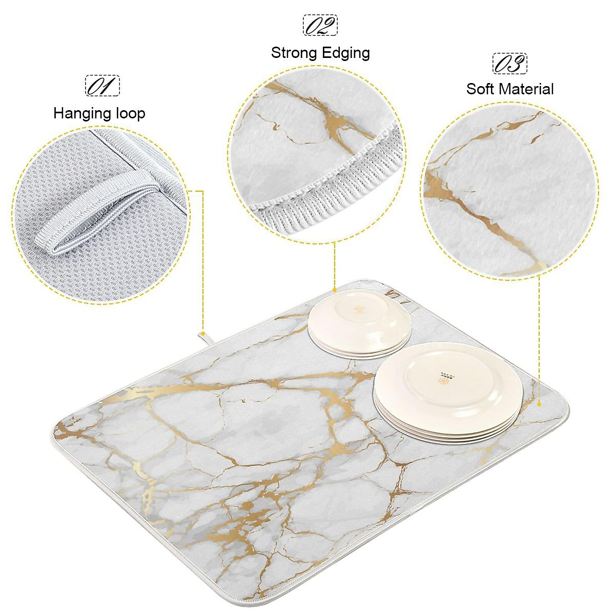 White Gold Marble Texture Dish Drying Mat for Kitchen Counter Absorbent Non-slip Heat Resistant Drainer Mats Reversible Dish Drying Pad Coffee Bar Kitchen Accessories, 18x24 Inch