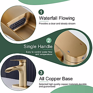 Gold Bathroom Faucets, Single Hole Bathroom Faucets Brushed Gold, Waterfall Faucet for Bathroom Sink Brass Bathroom Faucet with Pop Up Drain RV Faucet YardMonet