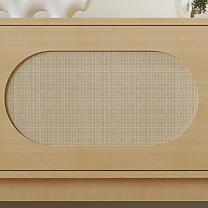 VOWNER Farmhouse Rattan TV Stand for 55/60/65 inch TV, Modern Entertainment Center with Natural Rattan Door and 2 Open Shelves, TV Console Table for Living Room, Wood Color