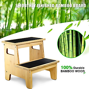 Kids Step Stools for Toddlers Bathroom Bamboo Wood Toddler Stepping Stool Kitchen Counter Sink Baby 2 Step Stool Foot Bed Stool for Adults Child Potty Training Toilet Stool, Natural with Pads