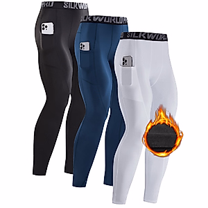 SILKWORLD Men's Thermal Underwear Compression Pants Fleece Lined Workout Leggings with Poackets Sports Yoga Baselayer,C3_Fleece Lined_3pack_Black,White,Navy Blue,Large