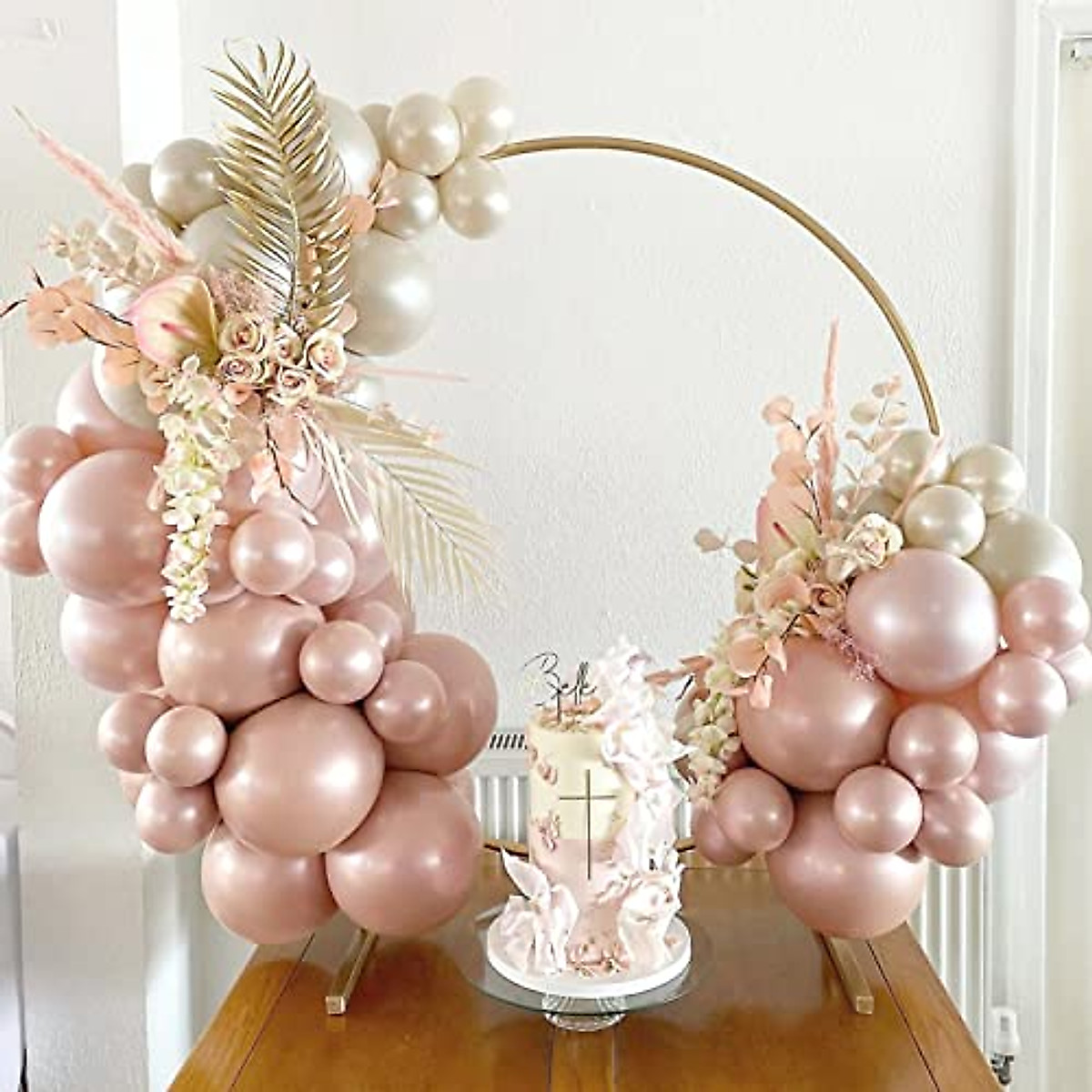 Oynearo Double Stuffed Pearl Pink and Ivory White Balloon Garland Arch Kit Pearl and Chrome Champagne Gold Balloons for Baby Shower Birthday Bridal Engagement Anniversary Party Backdrop Decoration