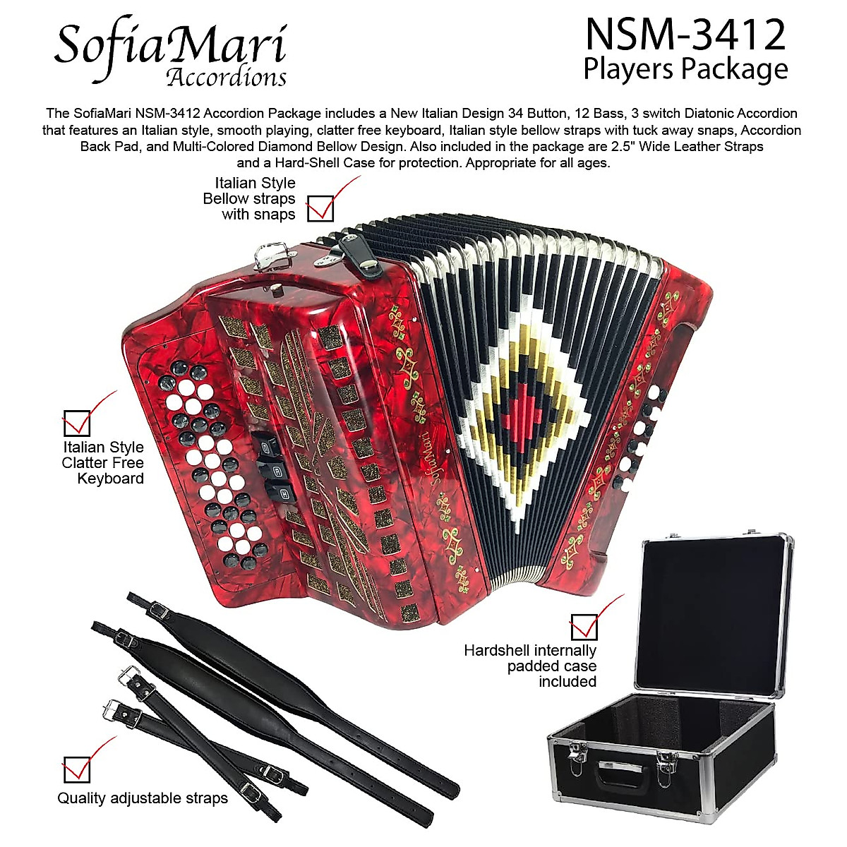 SofiaMari NSM3412 Accordion Package: 34 Button, 12 Bass, 3 Switch Accordion with Case and Straps (Fa/FBE, Red Pearl)