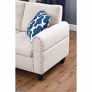 98" W Linen Sectional Sofa Upholstered Modular Couch with Cup Holder, 29" W Ottoman, 3 Combo Piece Living Room Furniture Set for 2 Toss Pillows and Rounded Arm, L-Shaped Button Nailhead Trim, Beige