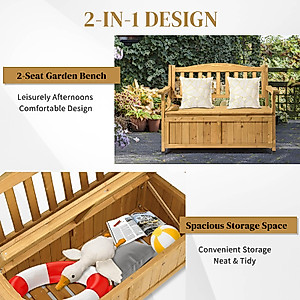 Cedar Wood Deck Box Bench, Storage Box with Backrest Armrest, All-Weather Yard Container Furniture for Tools, Toys, Outdoor Storage Bench Deck Box w/Seat for Backyard, Porch, Patio (Bright Yellow)