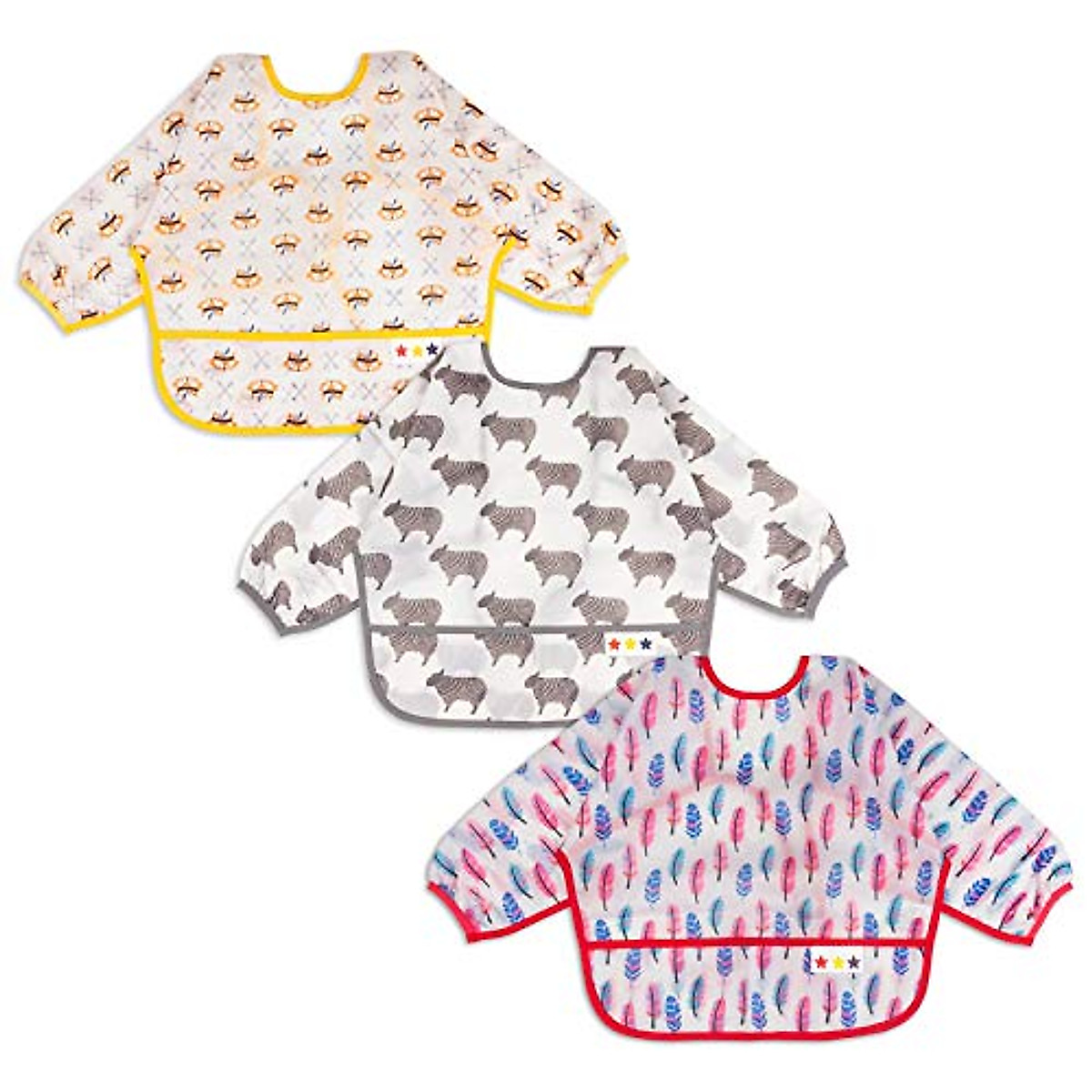 3 Pcs Waterproof Baby Bibs | Long Sleeves Weaning Smock Bib with Food Catcher Pocket for Toddler Eating | Baby Led Weaning | Full Cover Wearable Sleeved Bibs Shirt Apron Set | 6-24 Months