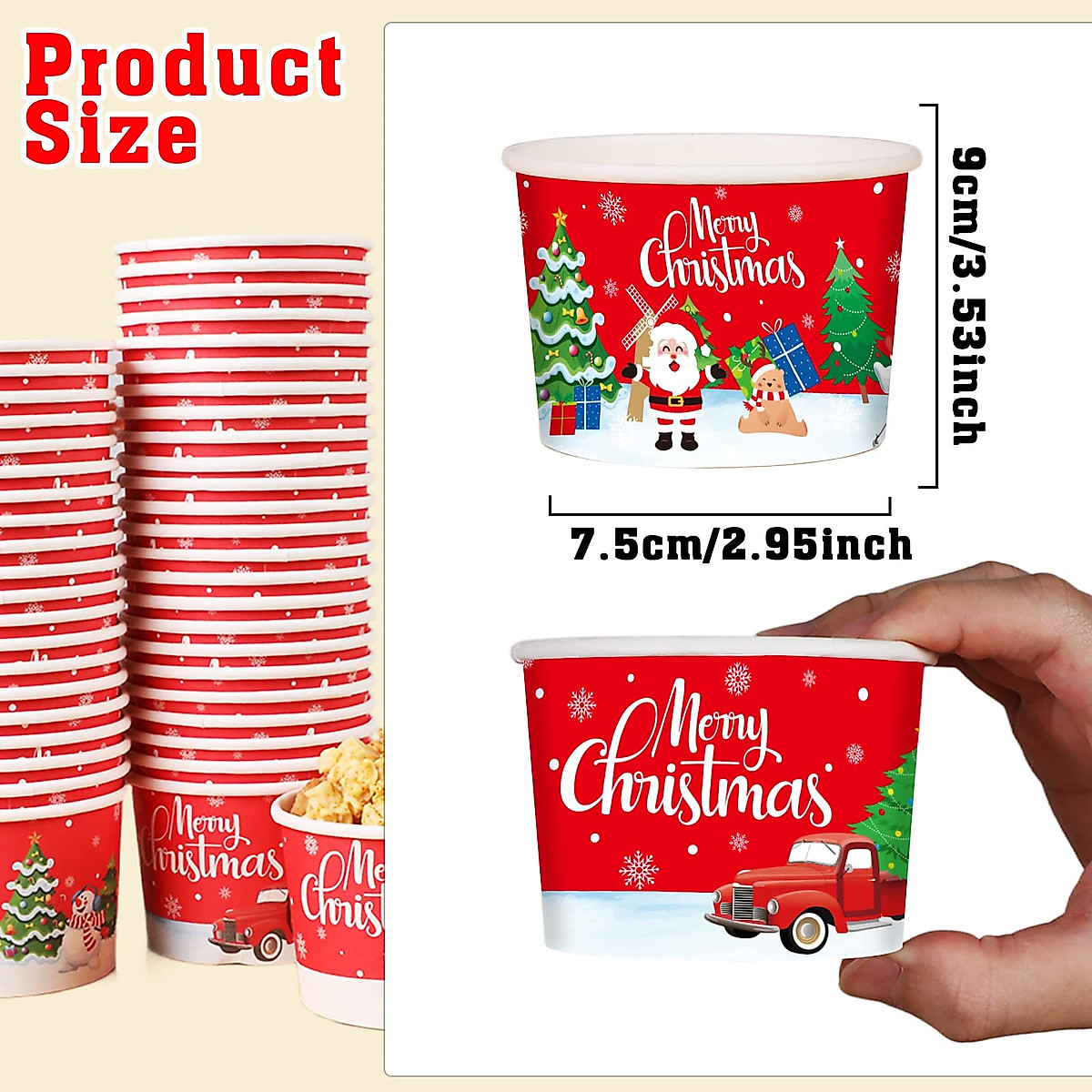 gisgfim 50pcs Christmas Paper Snack Cups, Christmas Ice Cream Cups Disposable 9 Oz Paper Treat Cups Dessert Bowls Holiday Xmas Themed Soup Cups For Hot or Cold Food Christmas Party Supplies