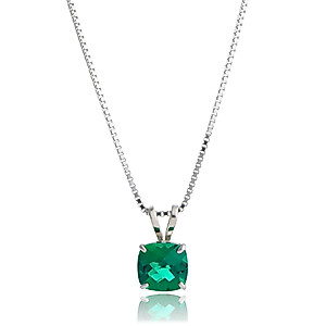MAX + STONE 925 Sterling Silver 6mm Cushion Cut May Birthstone Created Emerald Solitaire Pendant Necklace for Women with 18 inch Box Chain