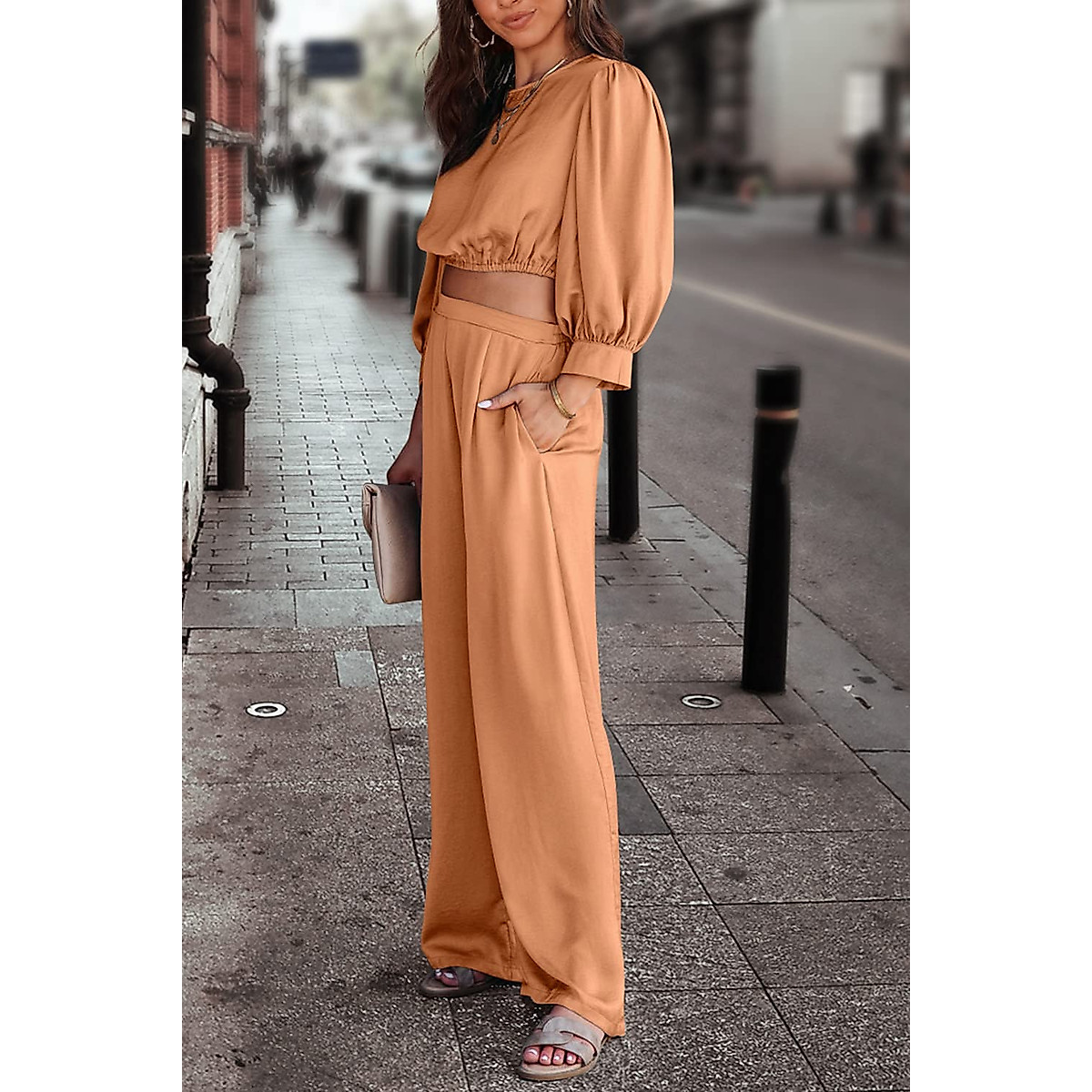 PRETTYGARDEN Women's 2 Piece Satin Outfits 2024 Spring Casual Puff Sleeve Crop Tops Blouse And Long Palazzo Pants Set (Orange,Large)