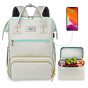 Lunch Backpack for Women, 15.6 Inch Laptop Backpack with USB Port, Stylish School Backpack Teacher Nurse Work Bag with Insulated Cooler Lunch Box for Women Men/Girls/ Business/Travel,Grey Blue