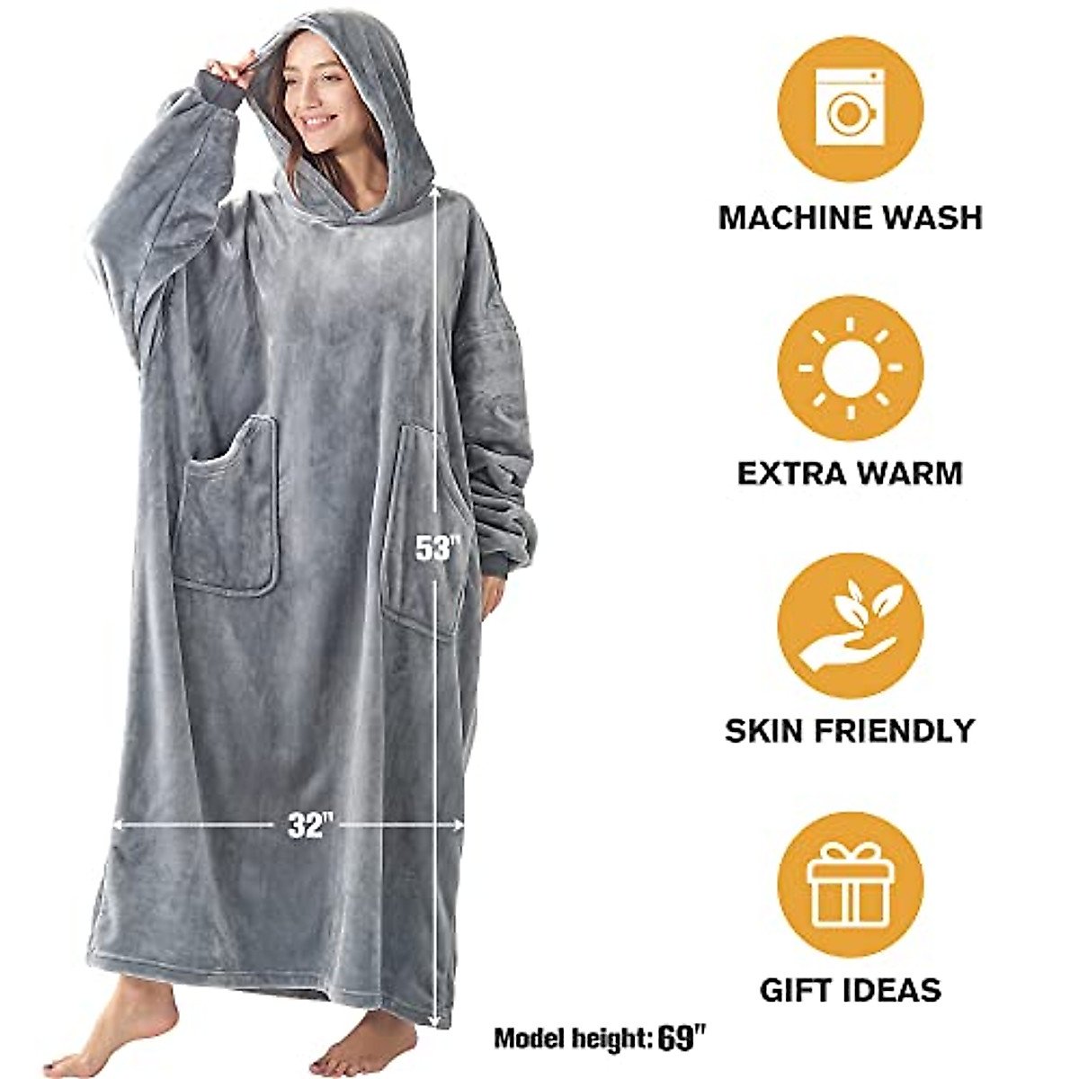 BEDELITE Fleece Wearable Blanket Hoodie with Sleeves and Pocket, Long Oversized Blanket for Women Men&Teen,plush size-Grey 53"x32"