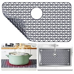 JUSTOGO Sink Protectors for Kitchen Sink 27.5'' x 15.7'', Kitchen Sink Mats Heat Resistant Silicone Mat for Stainless Steel Sink, Sink Mats for Bottom of Kitchen Sink, Rear Drain