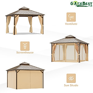 GAZEBEST 12x12 ft Hardtop Gazebo Outdoor Aluminum Patio Gazebo Double Roof Galvanized Steel Canopy with Netting and Curtains for Garden, Backyard,Deck and Lawns
