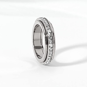 Pingyongchang Anxiety Rings Titanium Steel Spinner Fidget Band Rings for Women Ladies Cubic Zirconia Relieving Anxiety Wedding Promise Lucky Statement Rings-9