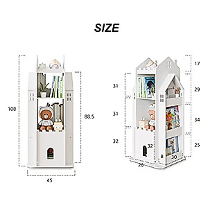 oxskk Revolving Bookcase,360° Children Bookshelf,Multi-Functional Floor Standing Book Storage Rack Organizer for Kids Room Bedroom-White 45x45x108cm(18x18x43inch) 68ps5-001