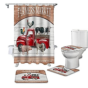 4 Pcs Shower Curtain Sets with Rugs,Vintage Farm Animals Cows Roosters Red Truck Wood Grain Background Bathroom Sets,Waterproof Non-Slip Shower Curtain U-shaped Rug Bath Mat Toilet Lid Cover 12 Hooks