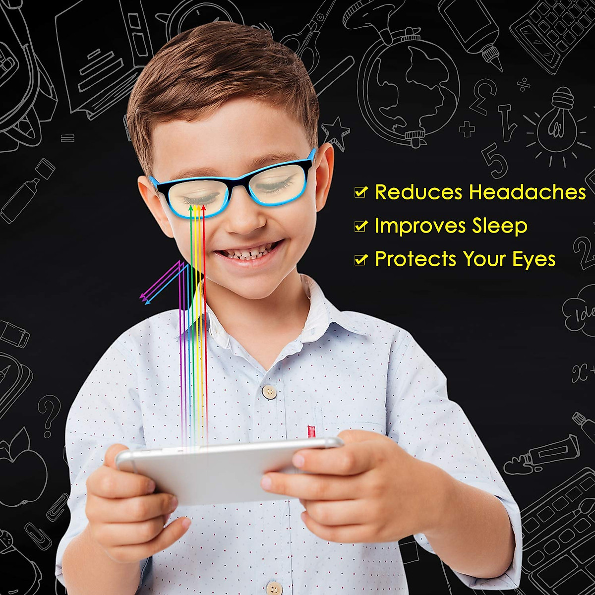 Optix 55 Kids Blue Light Blocking Glasses - Anti Eyestrain - Computer Video Gaming Eyeglasses for Boys & Girls - Bendable & Unbreakable Flexible Blue Square Frame Eye Glasses (Blue)