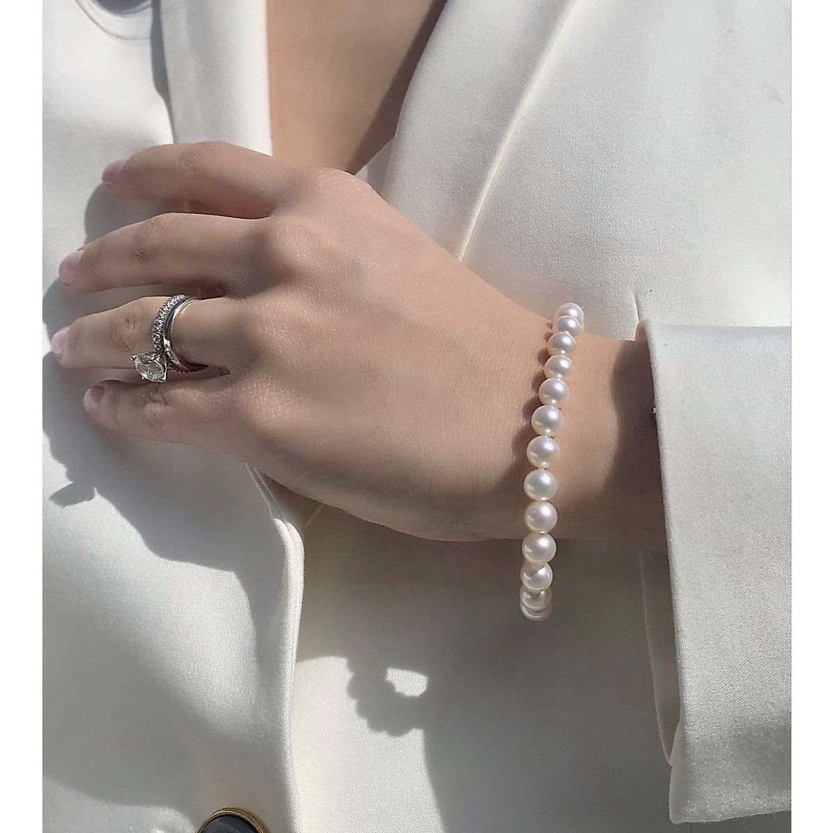 Blue Ocean Pearls 14K White Gold AAAA Freshwater Cultured Pearl Bridal Silk-Knotted Strand Bracelet with Fishhook Clasp - Choice of Length & Pearl Size (7.5, 4.0-4.5-mm)