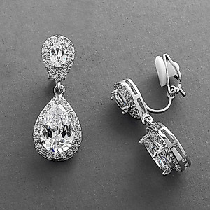 Mariell Clip-On Cubic Zirconia Crystal Teardrop Dangle Bridal and Wedding Earrings, Non-Pierced Earring Style, CZ Jewelry for Brides, Bridesmaids, Homecoming, Prom and Everyday Wear