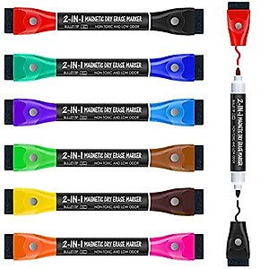 maxtek Whiteboard Marker Pens Colorful Dry Erase Markers, 6 Count 12 colors 2-in-1 Bullet Tip Whiteboard Markers,Bulit-in 2 Magnets and Erasers, Low Odor & Non Toxic for Kids, Home, Class, Office