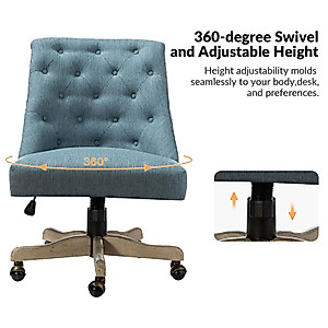 Modern Tufted Armless Home Office Chair, Comfy Upholstered Desk Chair with Vintage Wood Base, Height Adjustable Swivel Computer Task Chair for Living Room Bedroom, Blue