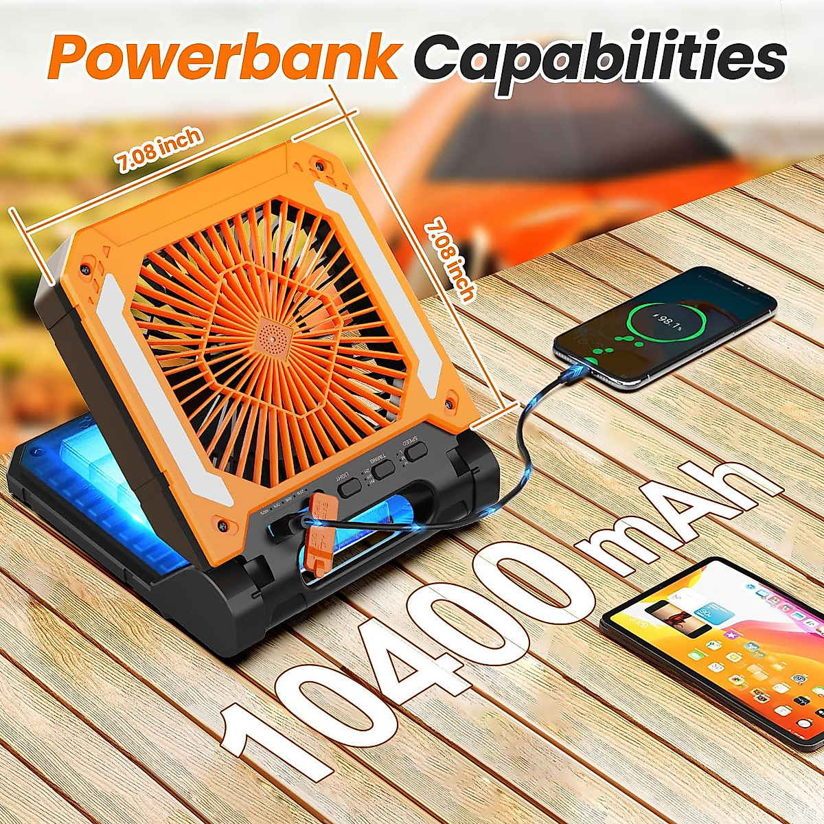 20000mAh Rechargeable Solar Powered Portable Fan with Led Lantern, 3 Speeds Cordless Battery Operated Camping Fan with PowerBank,Timer, Hangble & Quiet Desk Fan for Tent Hurricane Worksite (Orange)
