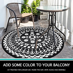 Capslpad Round Outdoor Rug for Patio 5' Reversible Mat Waterproof Plastic Straw Rug Boho Round Indoor Outdoor Area Rug for RV,Backyard,Balcony,Deck,Tent,Picnic,Beach,Camping,w/Carry Bag