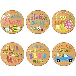 Easter Wood Drink Coasters Set Happy Easter Spring Festival Theme Gift Easter Bunny Eggs Carrots Decor Round Bamboo Coasters for Tabletop Protection Cup Glass Bottle Mat Heat Resistant Set of 6