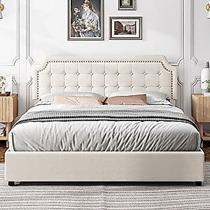 Keyluv Upholstered Queen Bed Frame with 4 Storage Drawers, Velvet Platform Bed with Curved Button Tufted Headboard with Nailhead Trim, Solid Wooden Slats Support, No Box Spring Needed, Beige