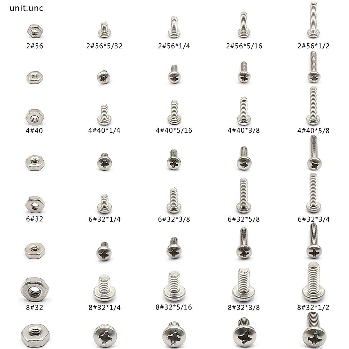 ZERO HOME 320pcs #2-56#4-40#6-32#8-32 UNC Stainless Steel Phillips Pan Head Machine Screws Nuts Assortment Kit