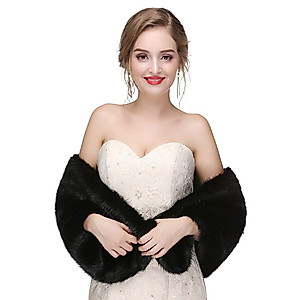 Haloty Wedding Faux Fur Shawl 1920s Women Fur Shawls and Wraps Bride Fur Stole Bridal Faux Fur Capelet Fur Cape Fur Shrug with Brooch for Women and Girls(Black)