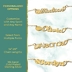 Brilliant Bijou Personalized Name Necklace 14k Gold Plated Silver | Basketball, Football, Volleyball, Baseball Customized Athlete Sports Pendant Chains for Men and Women