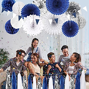 Navy Blue White Silver Party Decorations,28pcs Kit Graduation 2024 Tissue Paper Pom Poms Streamers,Tassel Garland Banner Flowers,Men Birthday Bachelorette Baby Shower Christmas Decor Lasting Surprise