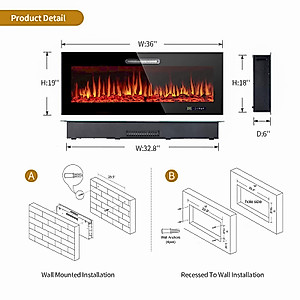 BEYOND BREEZE Electric Fireplace 36 Inches Recessed and Wall Mounted, Low Noise, Remote Control with Timer, Touch Screen, Adjustable Flame Colors and Speed