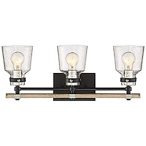 Possini Euro Design Broadway Modern Industrial Wall Light Black Painted Faux Wood Hardwired 23" 3-Light Fixture Clear Seedy Glass Shade for Bedroom Bedside Bathroom Vanity Living Room Hallway House