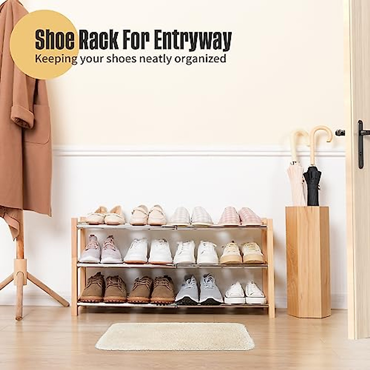 NUDUKO Expandable Shoe Rack Storage Organizer - Adjustable 3 Tier Small Shoe Rack Heavy Duty Free Wood and Metal Standing Shoe Shelf for Closet Bedroom Entryway (Natural)