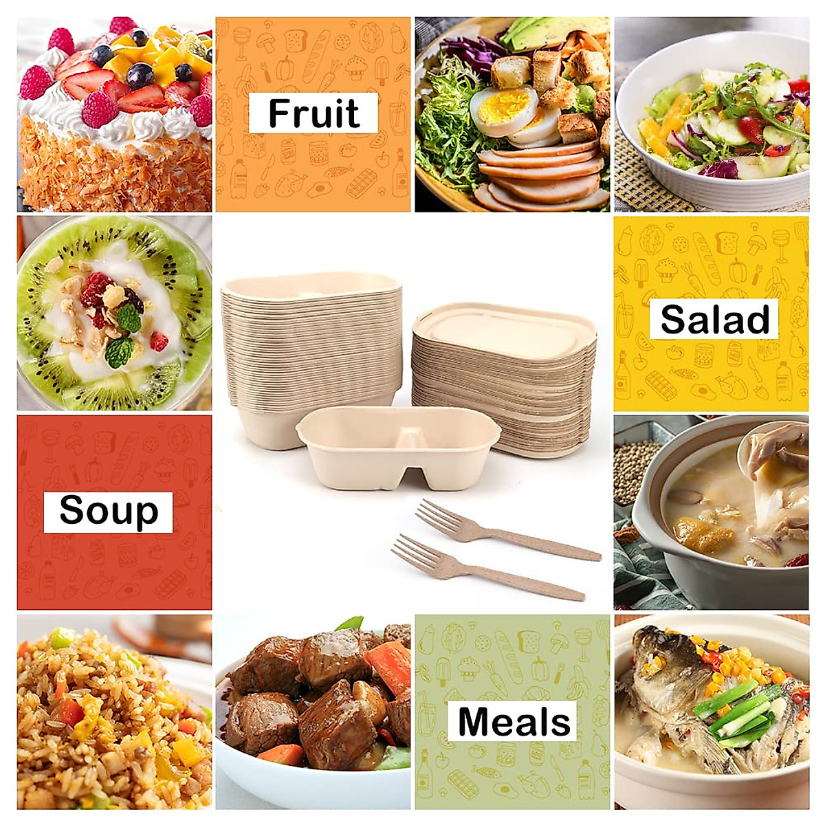 50Pcs Disposable Bowls with Lids and Forks,2 Compartment Paper Pulp Compostable Food Storage Container,Biodegradable Disposable Bowls Leakproof and Microwave Safe,for Hot/Cold Use