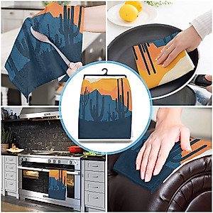 Kitchen Dish Towels 2 Pack-Super Absorbent Soft Microfiber,Cartoon Yellow Mountains Cactus Desert Sun Setting Cleaning Dishcloth Hand Towels Tea Towels for Kitchen Bathroom Bar