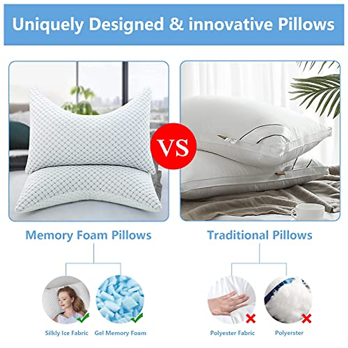 KHHMNB (2023 Upgrade) Side Sleeper Pillow for Neck and Shoulder Pain, Cooling Pillow with Two Sides of Specially Designed-One Side Ice Silk, One Side Rayon, Queen Size Set of 2