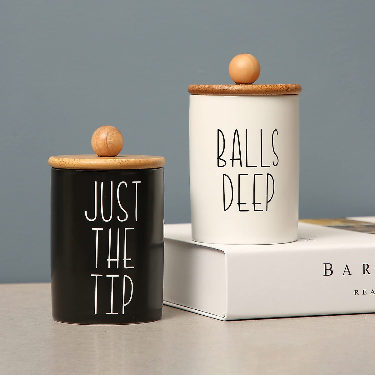 MOMEEMO Apothecary Jars with Lids for Bathroom Organization, Qtip Holder and Cotton Ball Holder are Great for Farmhouse Bathroom Decor, Rustic Bathroom Decor. (Ceramic)