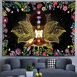 Ine Ive African Chakra Tapestry African American Woman Zen Meditation Tapestry 80x60 Inch Starry Sky Flower Garden Tapestry Inspirational Afro Yoga Wall Art Tapestry for Bedroom Dorm Decor GTDWIE0157