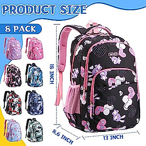 PerKoop 8 Pieces Backpacks Boys and Girls 17 Inch School Bag Bulk Printed Student Backpacks with Adjustable Padded Straps and Bottle Holder for Back to School Elementary Middle High School, 8 Color
