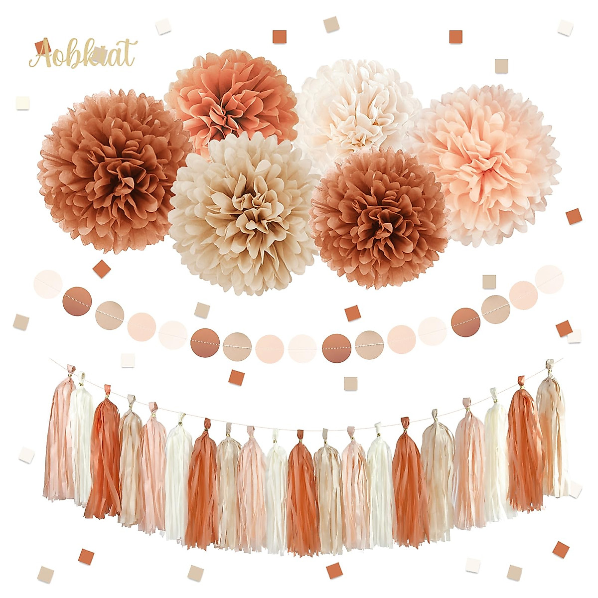 AOBKIAT Boho Wedding Decorations Set,28 PCS Dusty Brown Tissue Paper Pom Poms,Circle Dots Garland Paper Tassels Hanging Backdrop for Baby Shower,Birthday,Bridal Showers,Fall Party Supplies