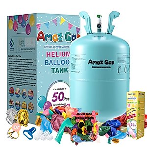 AmazGas 13.4L Helium Tank With 14.9 cu.ft 99.99% Pure Helium Gas Blend Kit, Helium Tank For Balloons At Home, 50 Latex Balloons And Ribbons And Balloon Sealant Included (13.4L, 1 Box)