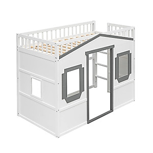 Harper & Bright Designs House Loft Bed Full Size Kids Playhouse Bed, Solid Wood Loft Bed Frame with Window and Ladder, for Girls Boys (Full Size, White+Gray)