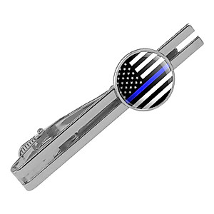 Thin Blue Line American Flag Round Tie Bar Clip Clasp Tack Silver Color Plated