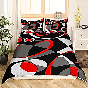 5Pcs Red Grey and Black Duvet Cover Set Full Size & Curtain Set: 1 Duvet Cover + 2 Pillowcase + 2 Panels of 42 W x 63 L inch Each