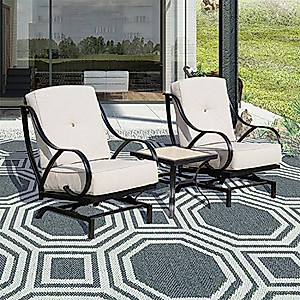 Top Space Patio Bistro Set Conversation Set Outdoor Metal Furniture Rocking Motion Chairs with Cushions and Square Coffee Table for Garden Balcony Lawn (3PCS, White)