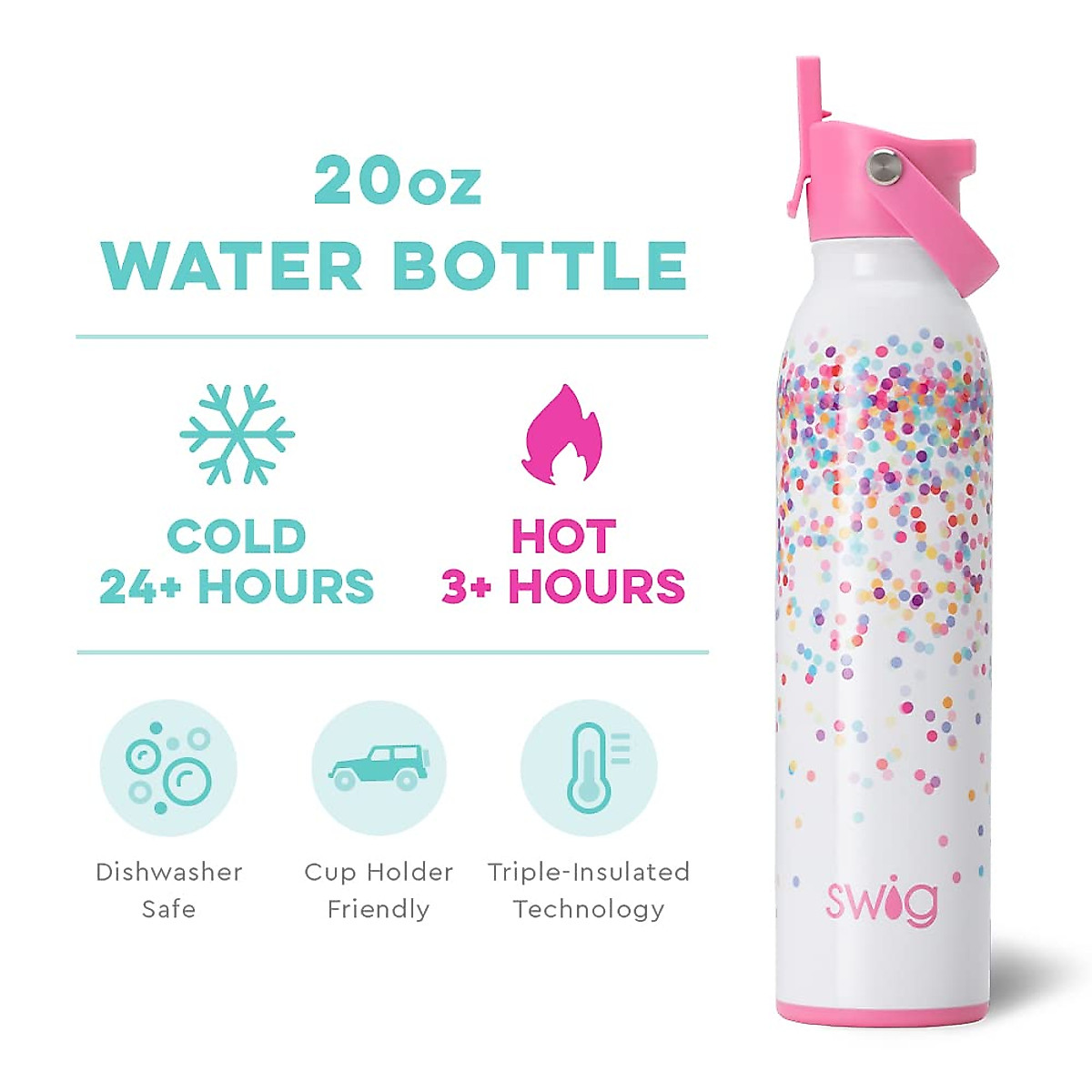 Swig Life 20oz Insulated Water Bottle with Straw & Flip + Sip Handle | Leak Proof, Dishwasher Safe, Cup Holder Friendly, Stainless Steel Water Bottle in Confetti